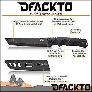DFACKTO 5.5 Inch Tanto Utility Knife - G10 - Full Tang - High Carbon Stainless Steel - Black