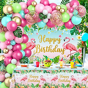 Hawaiian Luau Party Decorations,106PCS Hawaiian Themed Party Decorations Backdrop Balloon Flamingo tablecloth,Hibiscus Palm Leaves for Flamingo Birthday Party Decorations,Tropical Balloon Arch Kit
