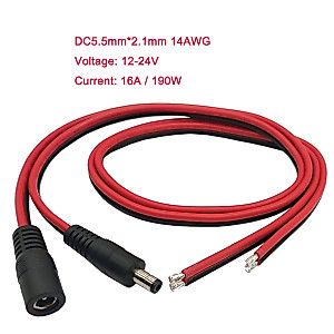Halokny DC Power Pigtails Cable, 1 Pairs 14AWG DC5.5x2.1mm 12V 5A Male & Female Connectors Power Single Ended Extension Cable for CCTV Security Camera and Lighting Power Adapter 60cm/2Ft