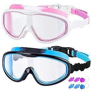 Kids Swim Goggles, 2-Pack Swimming Goggles for Kids, Child, Boys or Girls From 3-15, Anti Fog Wide View Swim Pool Goggles