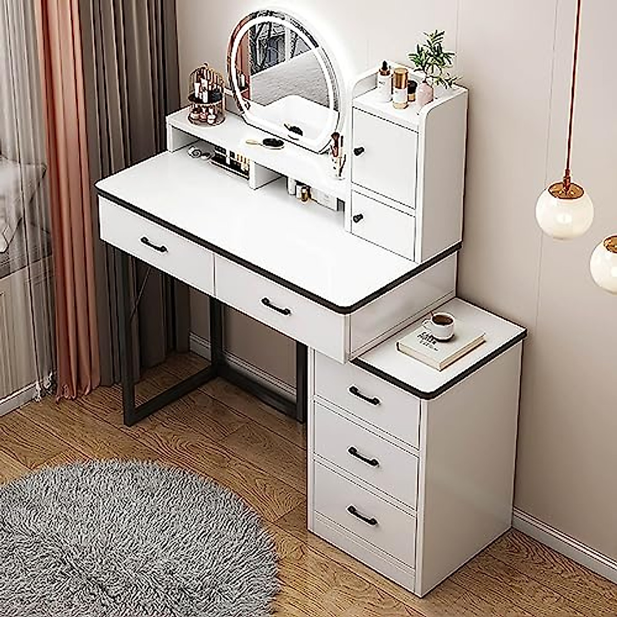Makeup Desk With Drawers and Mirror Light Make Up Vanity Station Brightness Adjustable Vanity Table Set With Lots Storage Hidden And Open Storage Shelves White Vanity Desk Vanity for Women Girls