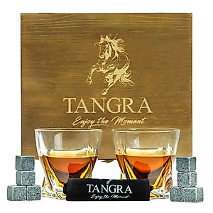 Whiskey Stones Luxury Gift Set of 8 Granite Ice Cubes Reusable Chilling Rocks + 2 Large Size Scotch Glasses in Wooden Box. Cool Whiskey Gift Sets for Man Dad Father Groomsmen