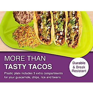 Fiesta Taco Plate by Arrow Home Products, 4 Pack - Each Plate Includes 3 Taco Holders Plus 2 Compartments - BPA Free Plastic, Made in the USA, Dishwasher Safe - Lime Green