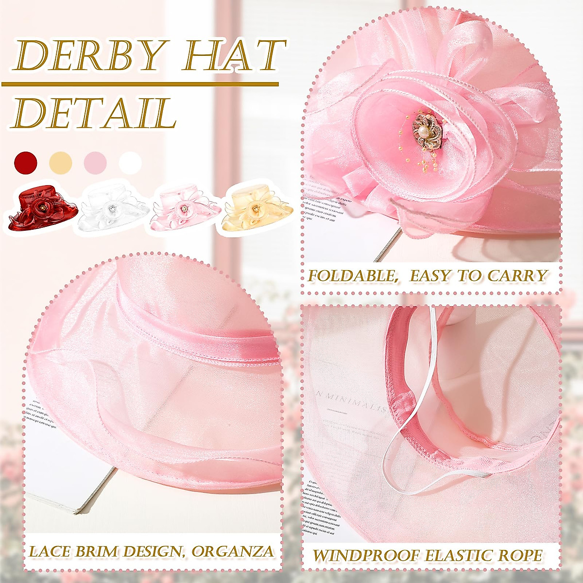 Breathffy 4 Pcs Derby Hats Women Organza Church Fascinator Bridal Flower Hat Wide Brim White Church Hat for Derby Day Wedding Tea Cocktail Party Sun, Beige Red White Pink