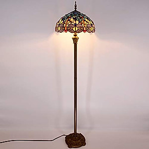 WERFACTORY Tiffany Floor Lamp Blue Yellow Stained Glass Dragonfly Standing Reading Light 16X16X64 Inches Antique Pole Corner Lamp Decor Bedroom Living Room Home Office S128 Series