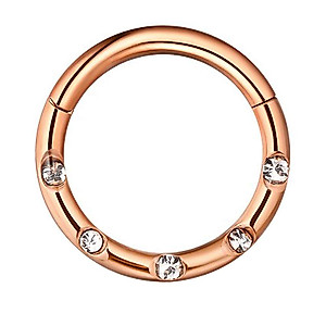 16 Gauge - 12MM Diameter Rose Gold Anodized Surgical Steel 5 Crystal Stones Paved Hinged Segment Nose Ring Septum Piercing