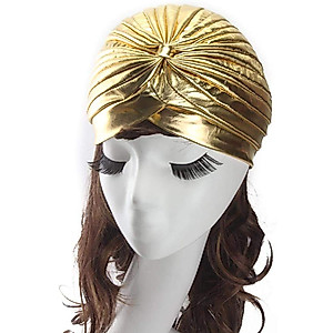 Unisex Turban Hat, Vintage Polyester Pleated Head Wrap Headband Cross Twist Arab Hair Wrap Chemo Turban Headwear Gold