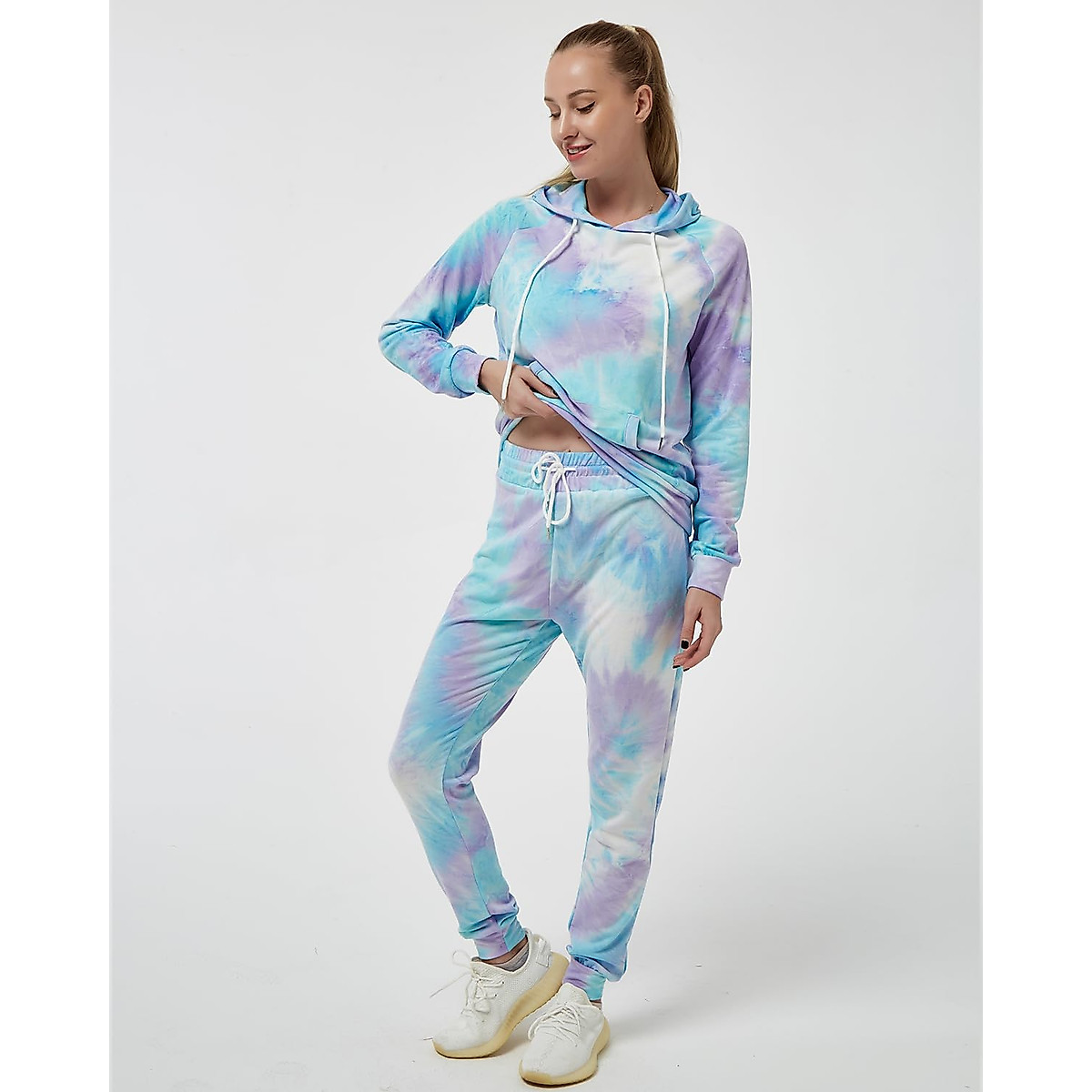 FUPHINE Women's Tie Dye Jogger Outfit Sweatsuit 2 Piece Sweatshirt Long Sleeve Hooded and Pants Lounge Sets Tracksuit (Tie-Dye Light Purple,XL)