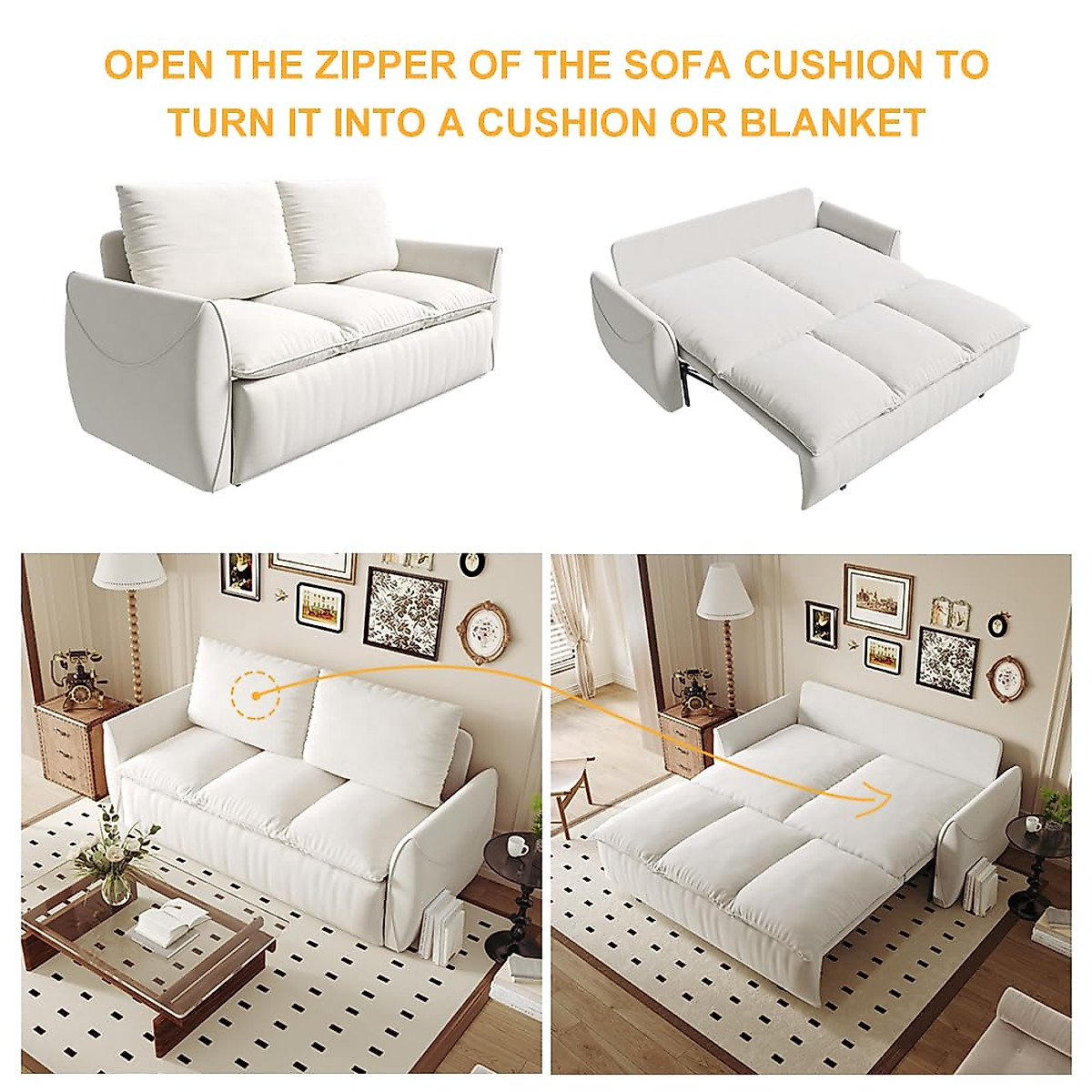 70.9" Convertible Queen Size Sleeper Sofa Bed, Folding Futon Loveseat Pull Out Couch Modern Hydraulic System Pullout Sofabed Cloud Daybed with Detachable Cushions for Living Room Office Apartment