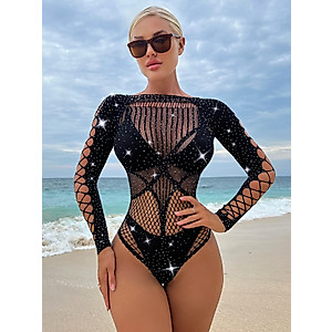 Milumia Women's Fishnet Rhinestone Bodysuit Top Cut Out Sexy Mesh Teddy Bodysuit