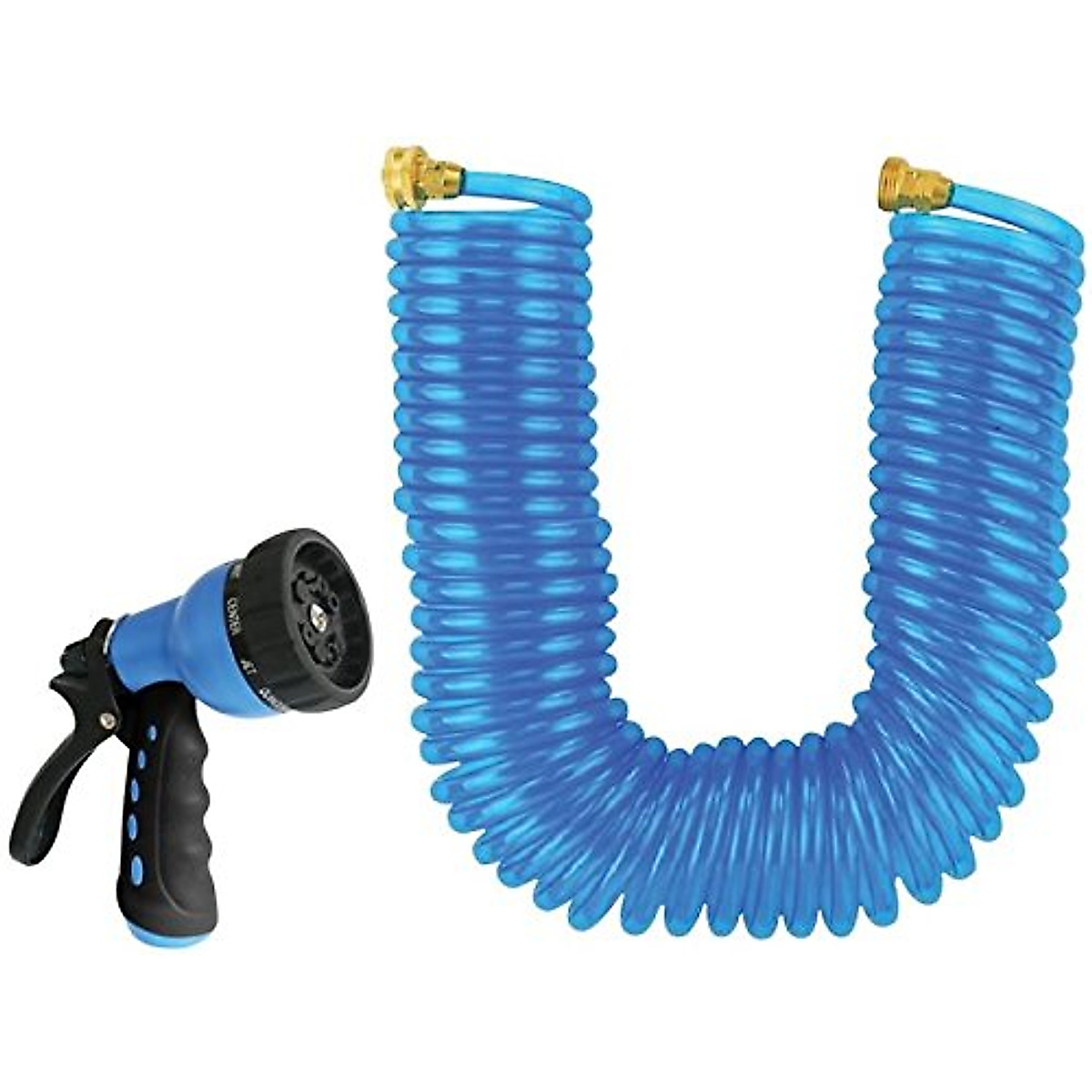 Rocky Mountain Landscapers Select Coiled Garden Hose with 10 Pattern Spray Nozzle 50 Foot by 3/8” - Leakproof - Heavy duty UV stabilized - Drinking Water Safe - Solid brass fittings
