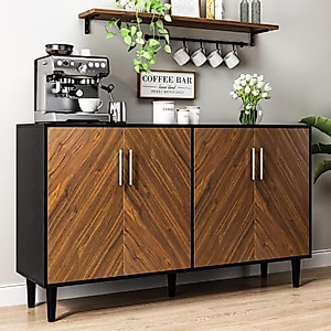 4 EVER WINNER Sideboards and Buffets with Storage, Buffet Cabinet with Storage, 4 Door Credenzas for Living Room Mid Century Modern Sideboard, 58 Inch Coffee Bar Cabinet for Dining Room Kitchen, Black
