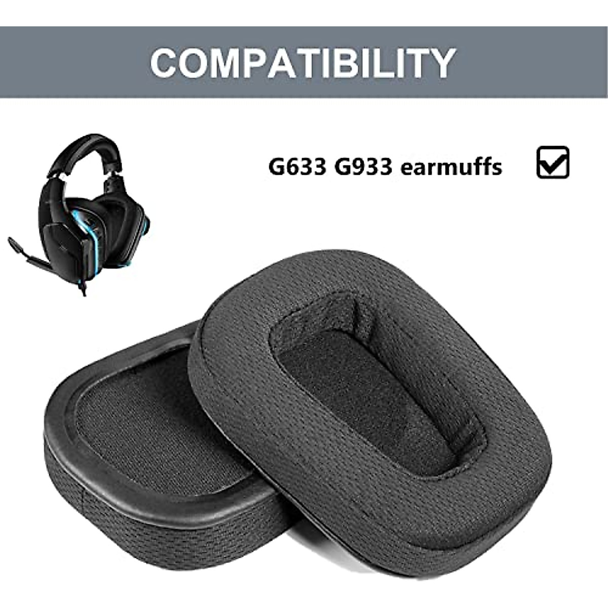 G933 Replacement Headset Earpads Ear Cushion Ear Cover Breathable Mesh Ear Pads Earmuff Repair Parts Compatible with Logitech G633/G933 Gaming Headphones(Black/Fabric)