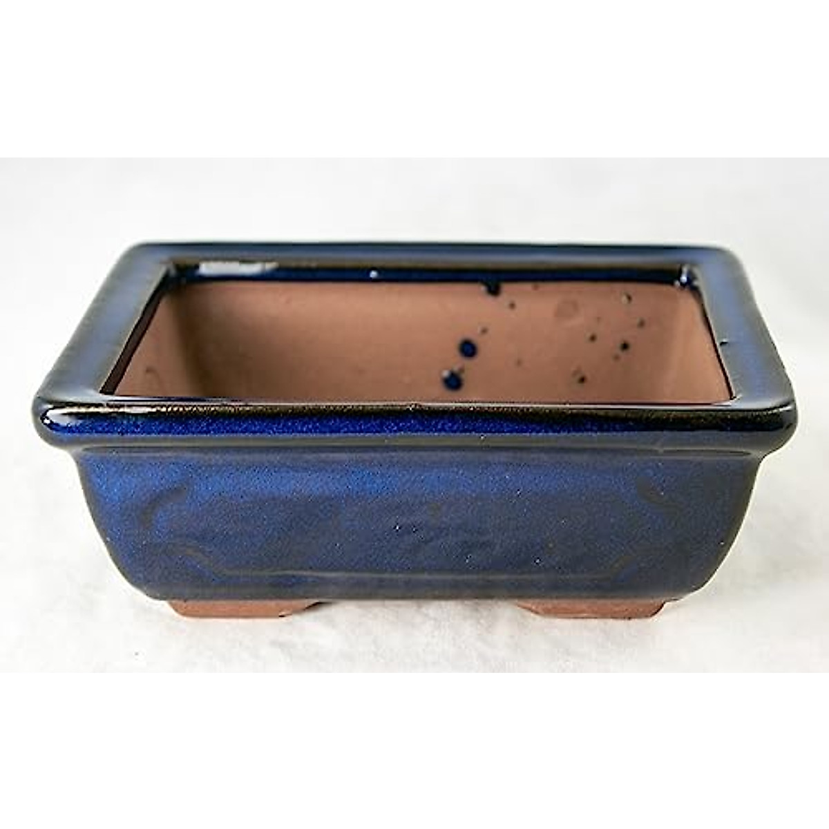 Rectangular Blue Glazed Cactus & Succulent Planter, Bonsai Pot + Mesh + Wire - 6"x 4.5"x 2.25"