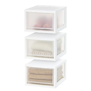 IRIS USA 14.5 Qt. Medium Plastic Stacking Drawer, Stackable Storage Organizer Unit with Sliding Drawer for Bedroom Kitchen Under Sink Pantry Craft Room Dorm Office, White, 3-Pack