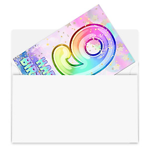MUZRUYOU 9th Birthday party Invitation Cards, Rainbow Holographic invite with Envelopes（20 set