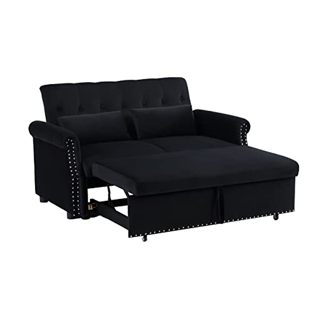 Goohome 55'' Velvet Pull Out Sleeper Sofa, Convertible Futon Couch Bed W/Adjustable Backrests, 3 in 1 Tufted Loveseat with Retro Rivet and 2 Lumbar Pillows, Small Love Seat for Living Room, Black