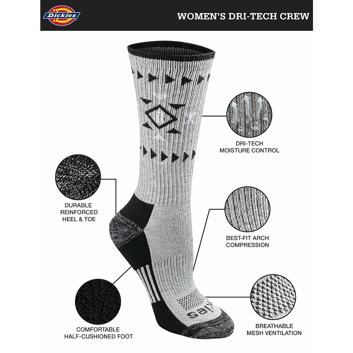 Dickies Women's Dri-Tech Fashion Moisture Control Crew Socks, Available in S-XL (5, 6, 12, Tribal (6 Pairs), Medium