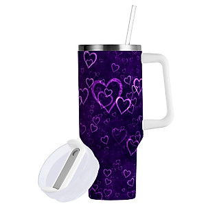 MCHIVER Hearts Purple 40 oz Tumbler with Handle and Straw Stainless Steel Vacuum Water Bottle Leak-proof Travel Coffee Mug Insulated Water Bottle for Hot Cold Beverages