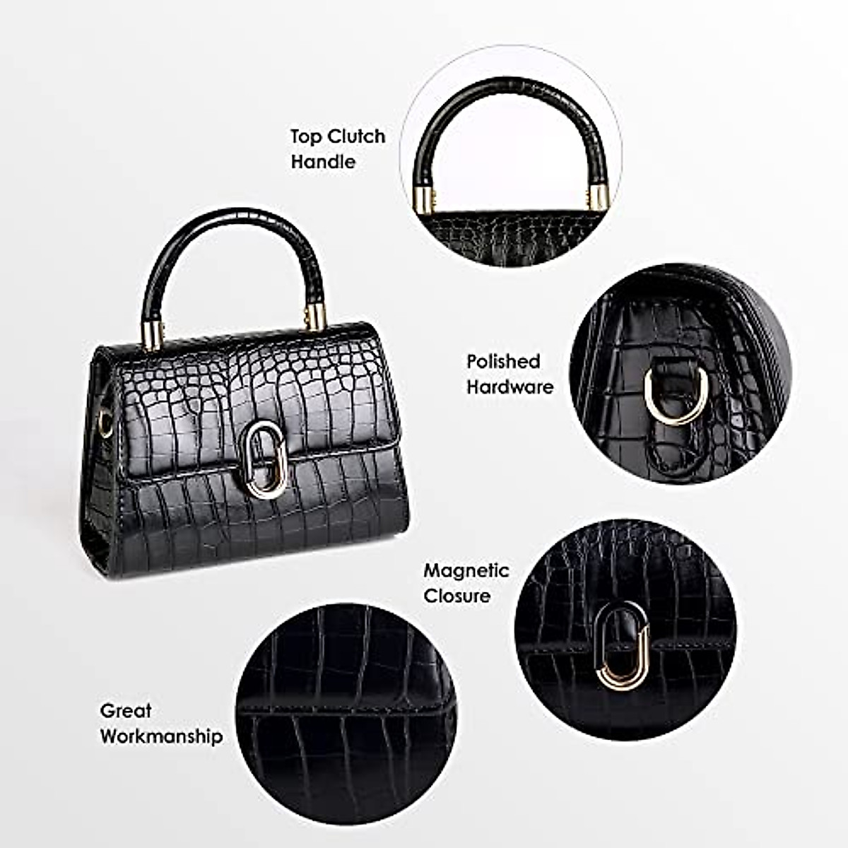 Dochais Tote Bag for Women, Crocodile Crossbody Handbags Small Tote Bag with Adjustable Strap Trendy Top Handle Shoulder Bag- Black