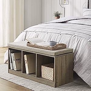 510 DESIGN Zeus Storage Bench - 3 Cubeicals Bedroom Organizer, Padded Ottoman Foot Rest for Living Room, Entry Way Home Furniture w/Upholstered Seat Cushion, 15" W x 38" L x 18" H, Grey