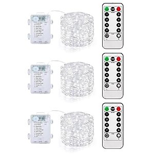 C-LARSS Battery Operated Fairy Lights 3 Pcs Copper Wire Waterproof Operated Led with Remote Control Dimmable Timer Function 8 Lighting Modes Garden Christmas White Light.