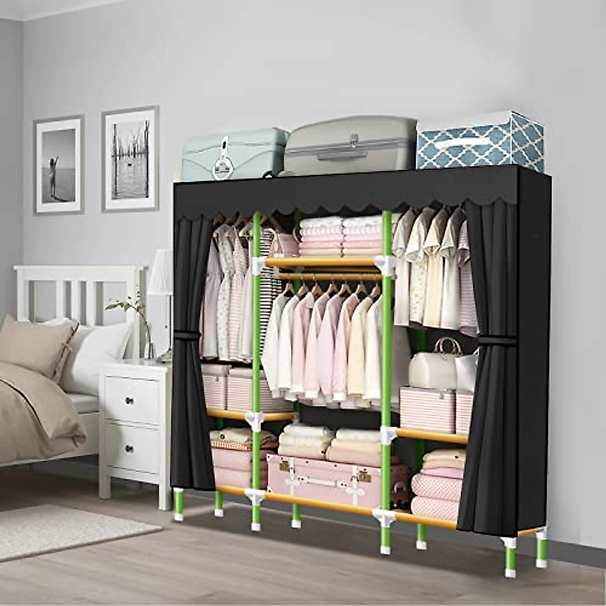 YOUUD Portable Closet 57 Inch Wardrobe Closet Clothes Organizer with 3 Storage Shelves and 3 Hanging Rods, Cloth Closet of Colored Rods Black Cover Quick and Easy to Assemble,Strong and Durable