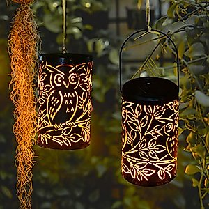 Shengming 2 Pack Hanging Solar Metal LED Lanterns Owl Design Retro Solar Lights with Handle, Outdoor Solar Garden Lights Decor for Yard Tree Fence Patio 20 Lumens Warm White