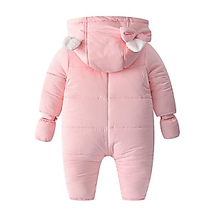JanLEEsi Baby Winter Hooded Snowsuit Romper Zipper Padding Bodysuit Infant Puffer Jacket with Gloves,Pink,9-12M
