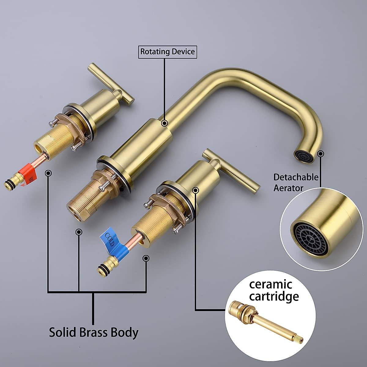TRUSTMI Bathroom Faucet 2 Handle 8 Inch Brass Sink Faucet 3 Hole Widespread with 360 Degree Swivel Spout, cUPC Water Supply Lines and Overflow Pop Up Drain Included, Brushed Gold