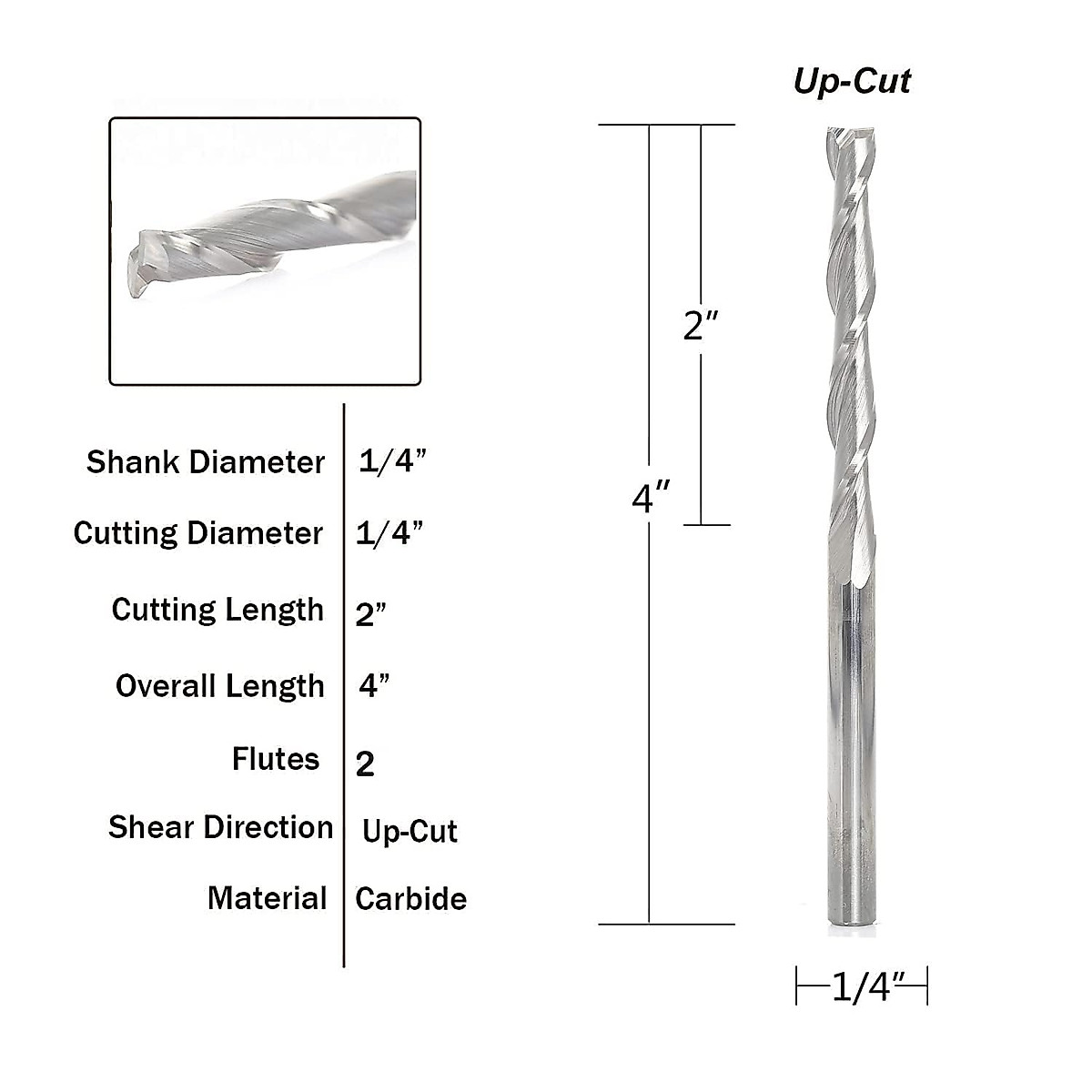Sinoprotools Spiral Router Bits Up-Cut 1/4" Shank, 1/4" Dia, 2" Cutting Height, 4 Inch Extra Long CNC Router Bit, Solid Carbide CNC Bits End Mill, for Wood Cut, Carving