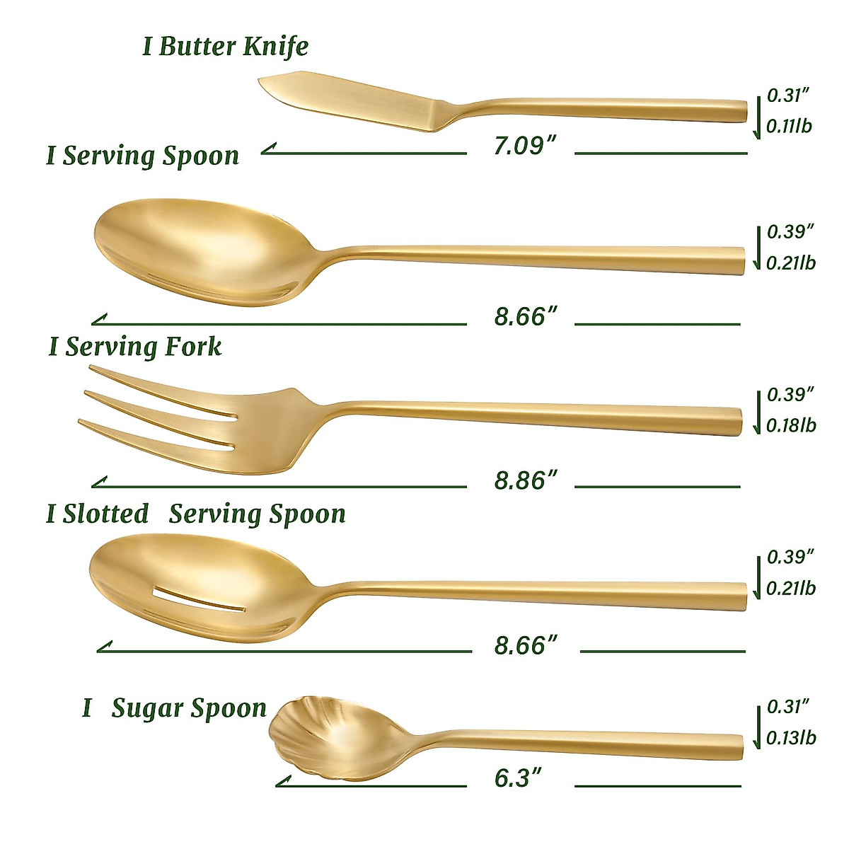 DEACORY Silverware Set with Serving Utensil Set Matte Gold Flatware Set Hand Forged Stainless Steel Cutlery Set 45 Pieces Matte Finished Hexagon Handle Service for 8