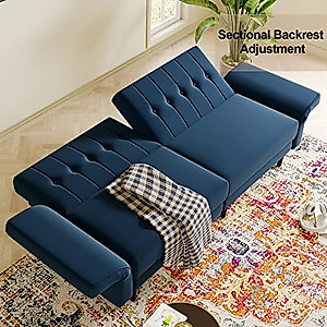 Belffin Velvet Convertible Futon Sofa Bed Memory Foam Futon Couch Sleeper Sofa Blue