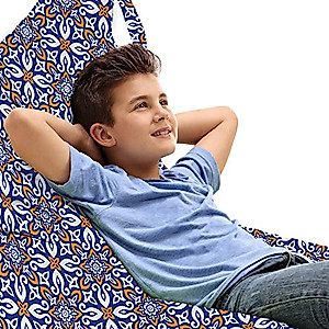 Ambesonne Mosaic Lounger Chair Bag, Colorful Traditional Moroccan Portugal Azulejo Ceramic Floral Tiles Pattern, High Capacity Storage with Handle Container, Lounger Size, Indigo Orange Pearl