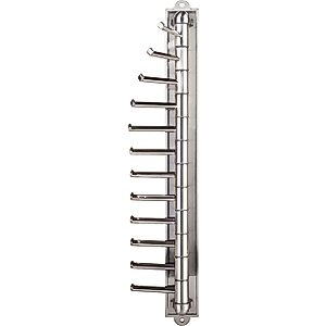 Screw mounted tie/scarf rack. Holds 12 ties/scarfs. Each arm moves independently allowing for easy access to ties/scarfs. Finish: Satin Nickel