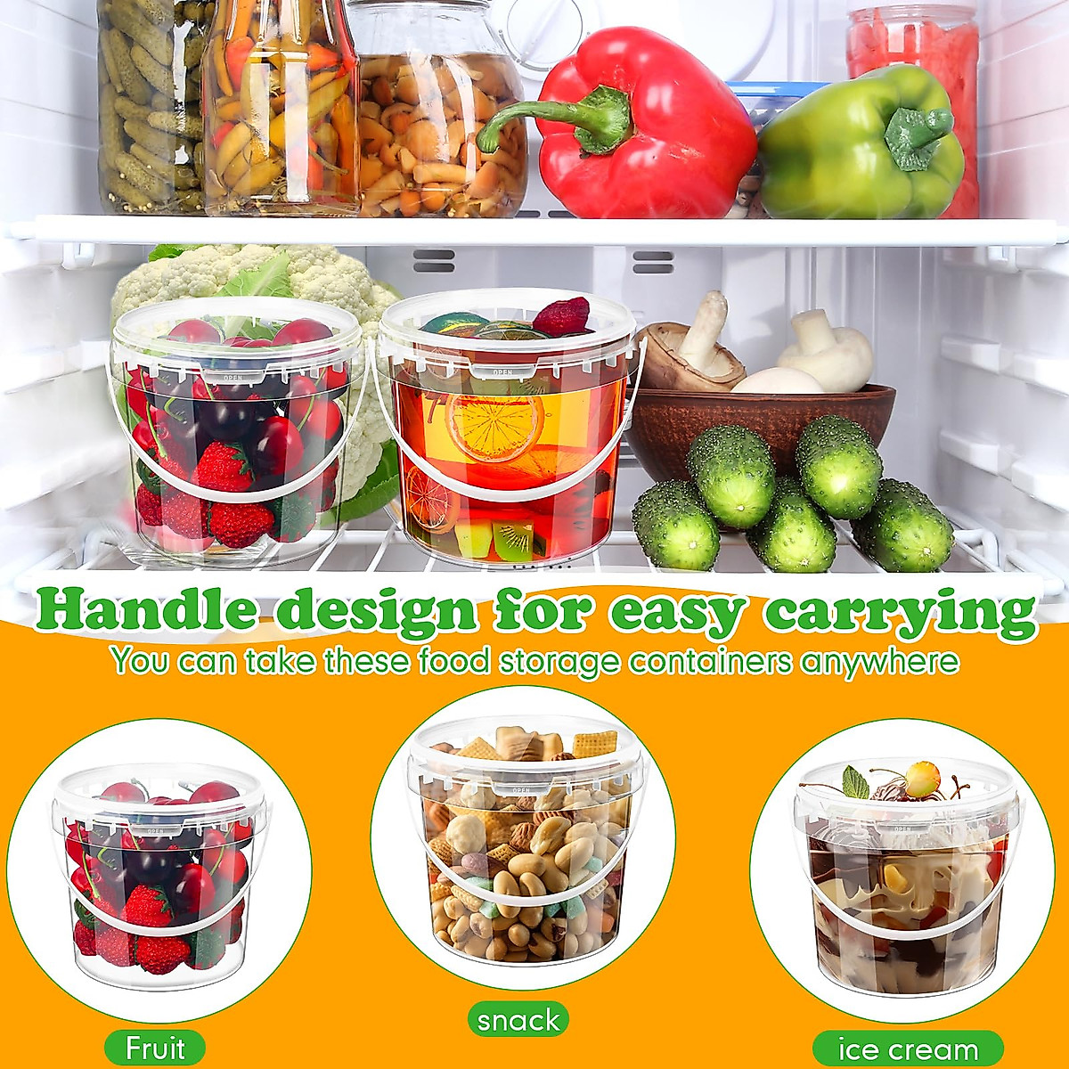 Funnymoom 20 Pack 48 oz Clear Buckets with Lid Plastic Ice Cream Buckets with Lid and Handle Ice Cream Tub Food Storage Containers Round Plastic Pails Freezer and Microwave Safe for Food