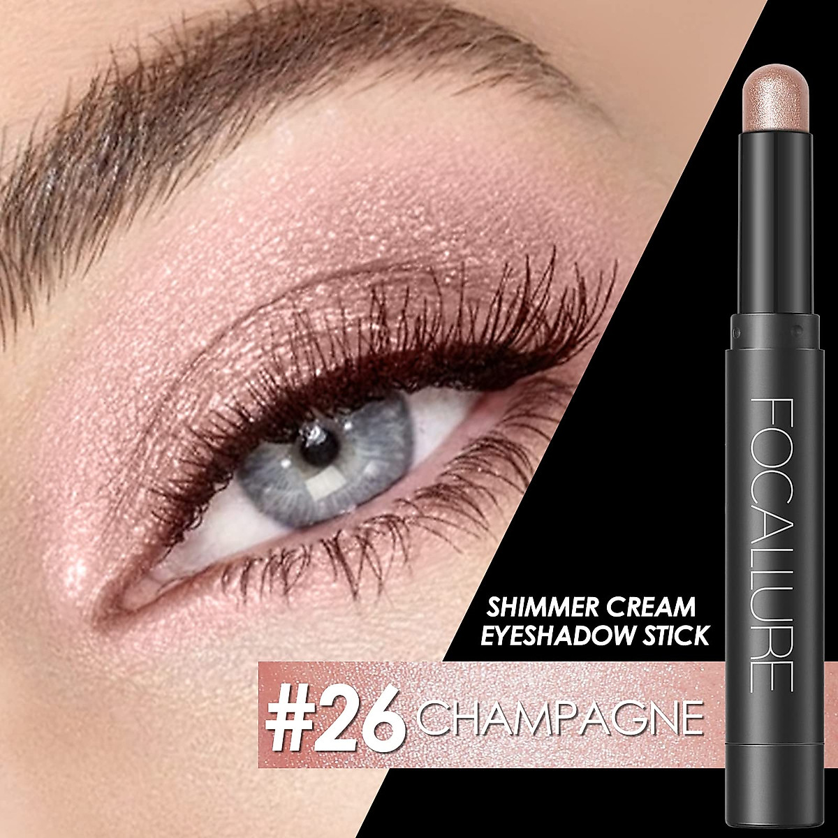 FOCALLURE Shimmer and Matte Cream Eyeshadow Stick,Smooth Brilliant Eye Brightener Pencil for Women,Long Lasting Waterproof Eye Shadow and Liners Makeup,CHAMPAGNE