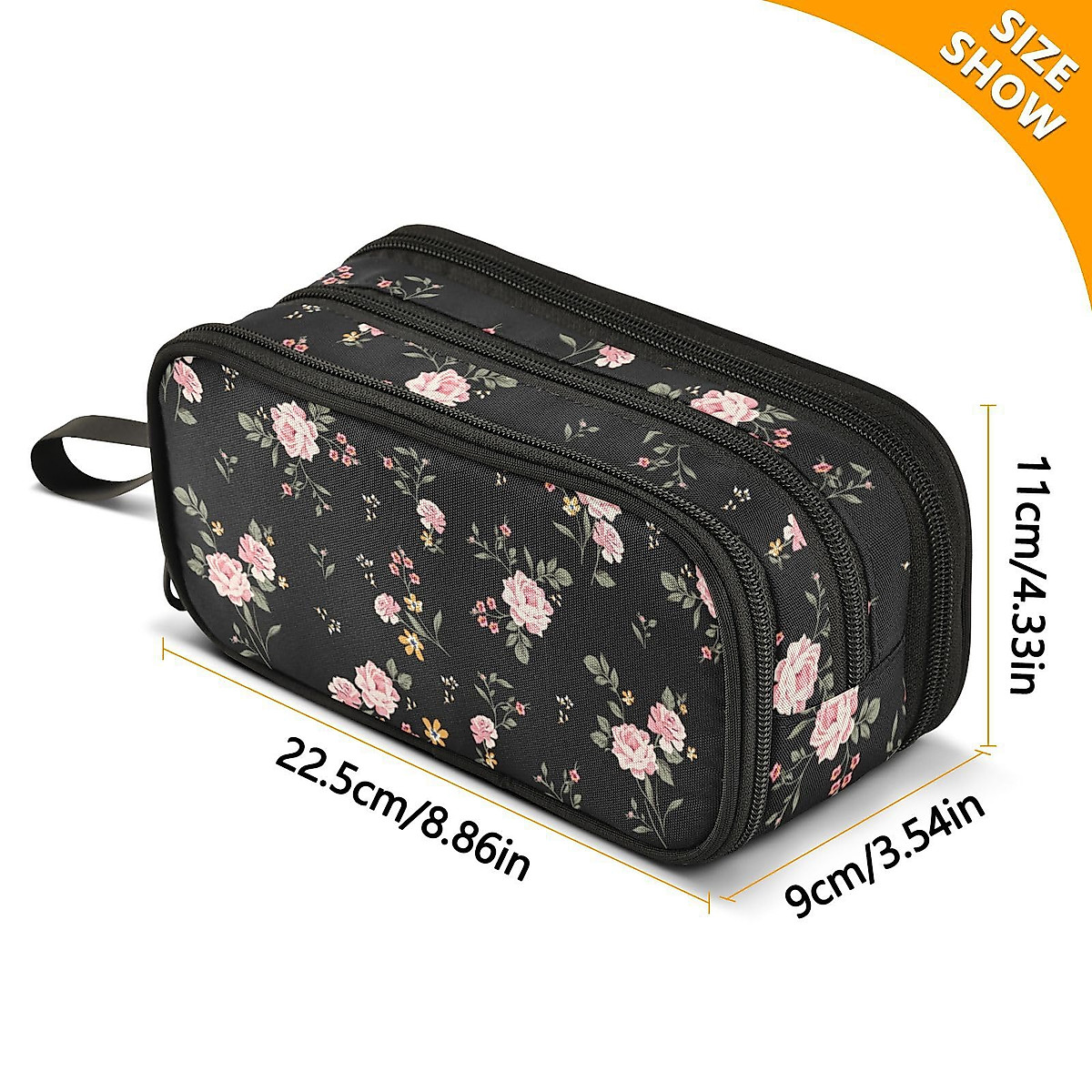 Pencil Case Big Capacity for Girl Boy Rose Floral Pink Flower Black Student Pencil bag Pen Pouch Large Stationery 3 Compartments Zippers Organizer School College Office Teens Adults