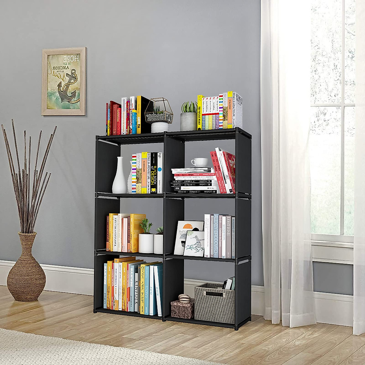 YIZAIJIA Bookcases Cube Storage 6-Cube Closet Organizer Storage Shelves Cubes Organizer DIY Plastic Closet Cabinet Modular Book Shelf Organizing Storage Shelving for Bedroom Living Room (Small, Black)