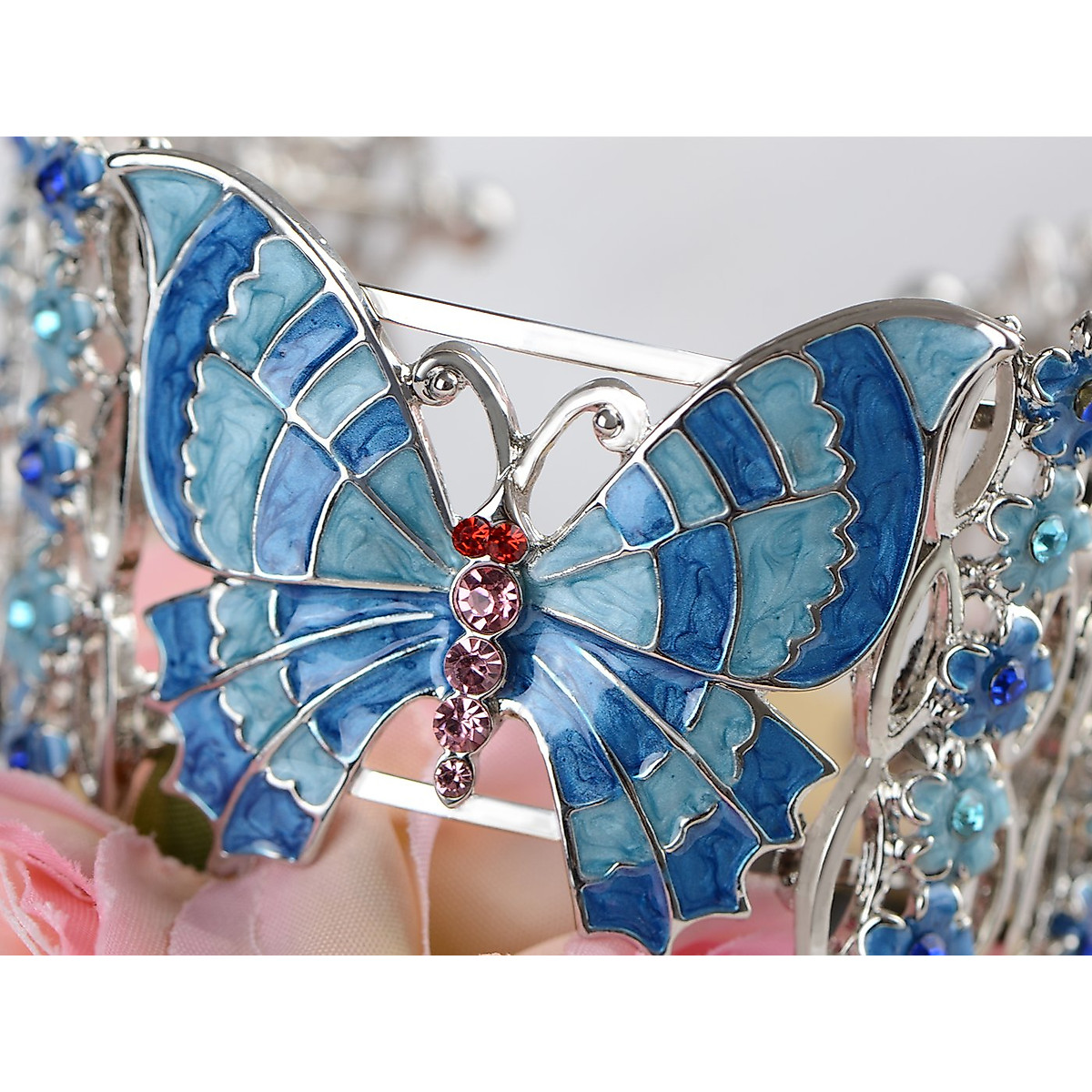 Alilang Silver Tone Blue Enamel Floral Crystal Rhinestone Flower Butterfly Cuff Bangle Bracelet