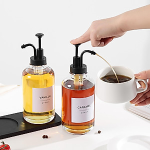 Glass Coffee Syrup Dispenser for Coffee Bar Accessories with 84 Labels (Set of 2), Syrup Pump Bottle for Coffee Bar , 16.9 oz, Matte Black