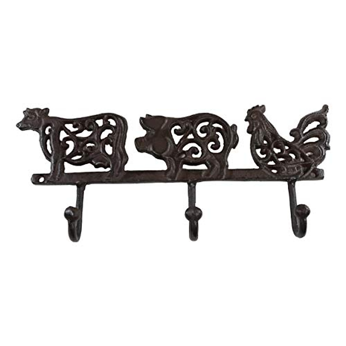 Ebros Cast Iron Filigree Scroll Patterns Rustic Barn Animals Chicken Pig and Cow 3 Peg Wall Hooks Western Vintage Farmhouse Multi-Purpose Hanger Plaque for Coats Hats Keys Clothing Towel Pet Leash