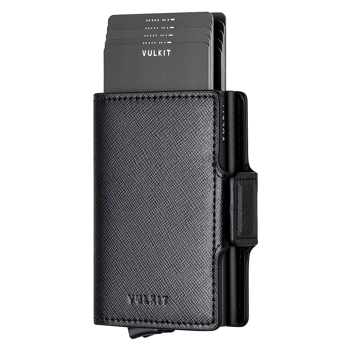 VULKIT Credit Card Holder RFID Blocking Leather Automatic Pop Up Wallet Magnetic Wallet Double Card Case for Men and Women Cross Black
