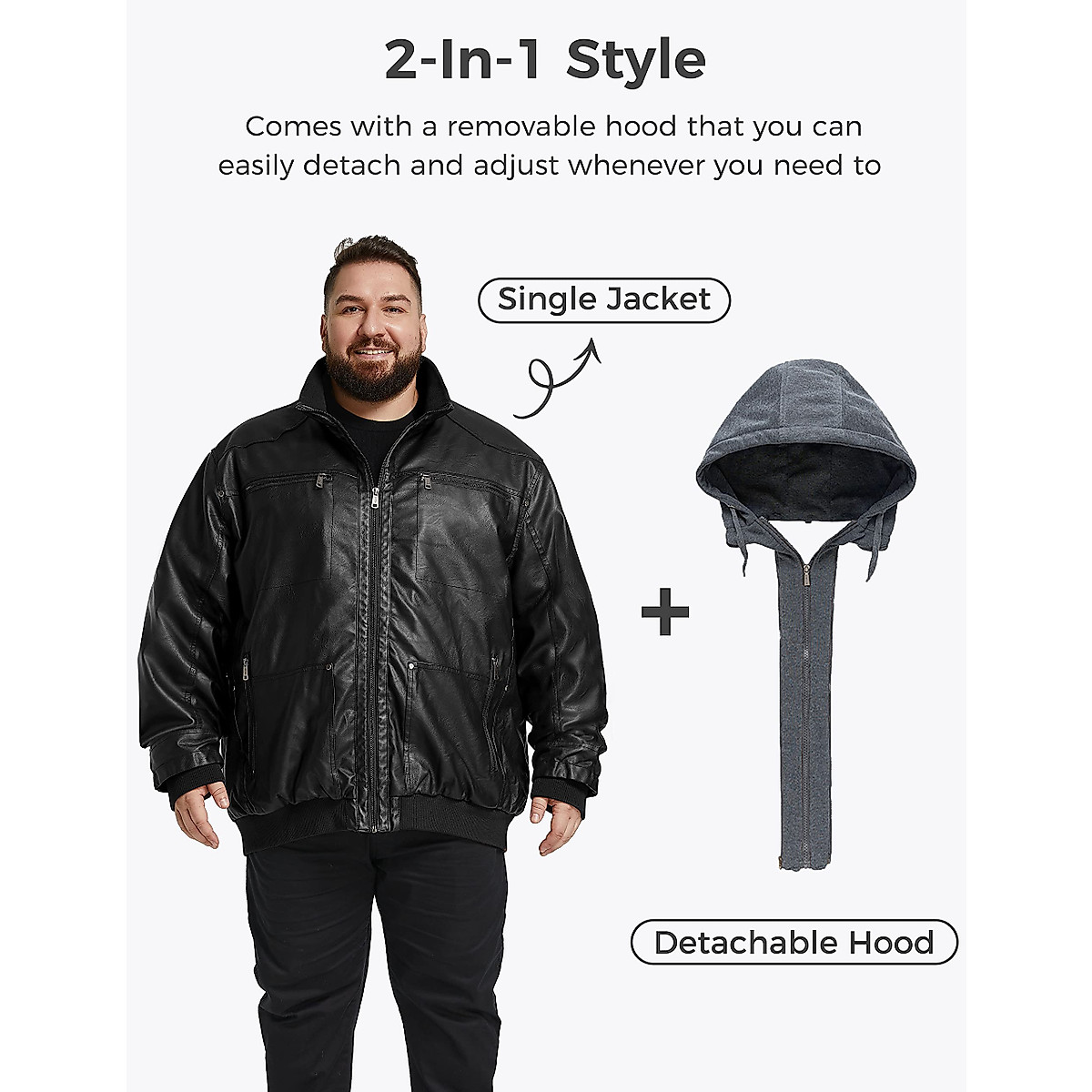 wantdo Men's Big and Tall Leather Motorcycle Jacket Warm Winter Coat with Removable Hood Black 3X-Large Big