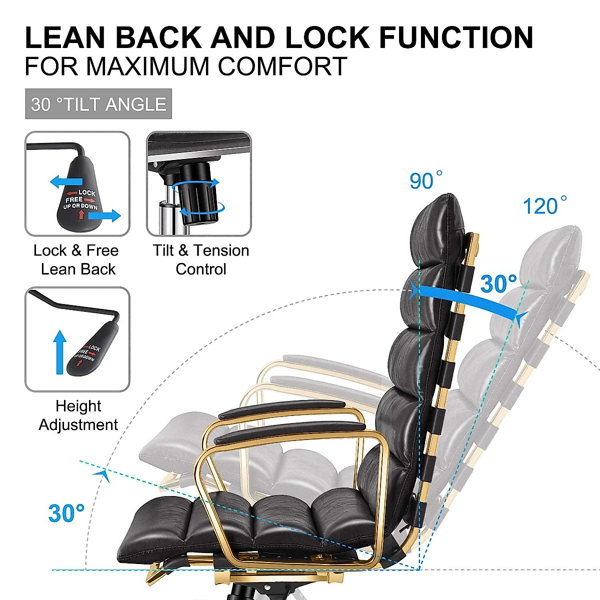 LUXMOD Office Chair, high Back Desk Chair for Removable Cover and Lumbar Support, Black Executive Chair, Ribbed Office Chair with Leather, Ergonomic Office Chair Leather Black