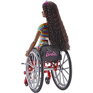 Barbie Fashionistas Doll #166 with Wheelchair and Ramp, Crimped Brunette Hair and Rainbow-Striped Dress with Accessories (Amazon Exclusive)