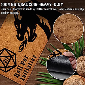 Roll for Initiative Welcome Mat Brown Coir Funny Doormat Printed with Dragon and D20 Roleplaying Tabletop RPG Gaming Non-Slip Backing Door Mat, 30"x18"