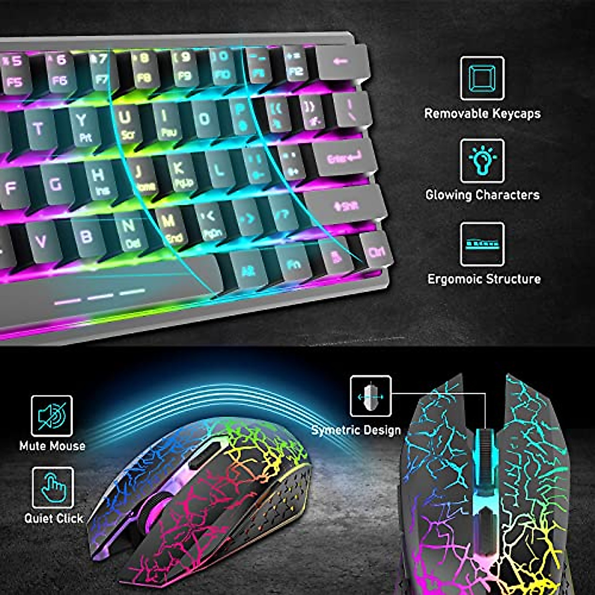 ZIYOU LANG T61 Wireless Gaming Keyboard and Mouse Combo with Ergonomic 61 Key Rainbow LED Backlight Anti-ghosting Mechanical Feel Rechargeable 4000mAh Battery Mouse Pad for PC MAC Gamer Typists(Black)