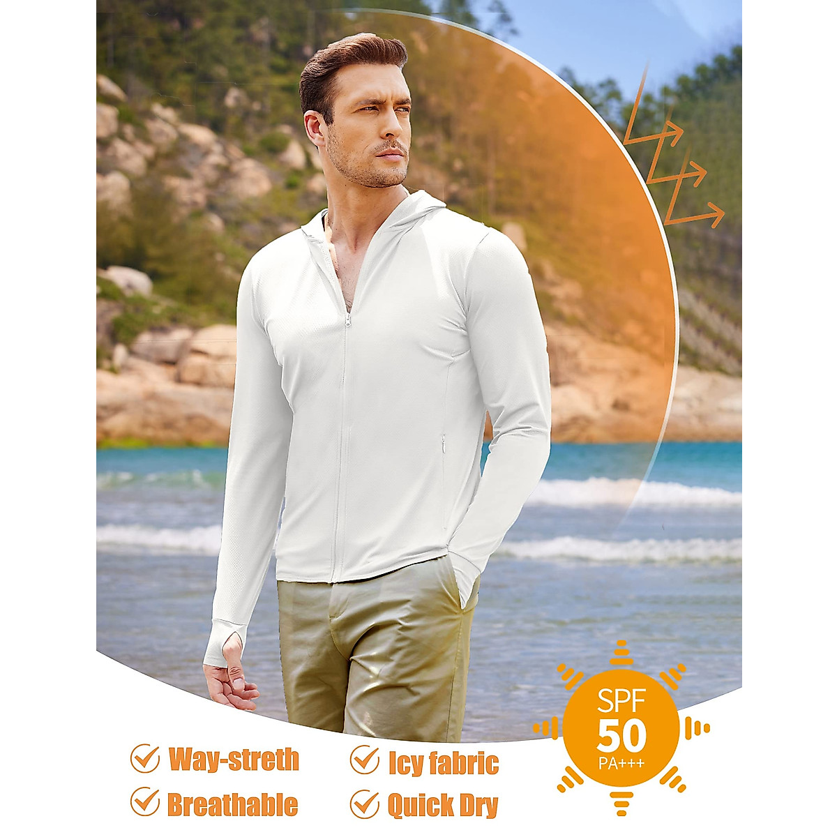 COOFANDY Mens UPF 50+ Cooling Hooded Jacket Long Sleeve Zip Up Shirts Fishing Shirts with Pockets White