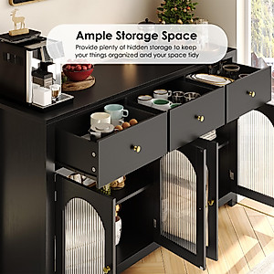 FINETONES Buffet Cabinet with Storage, 55.1" Large Sideboard Buffet Farmhouse Kitchen Cabinet with 3 Drawers and 4 Doors, Wood Coffee Bar for Kitchen, Black